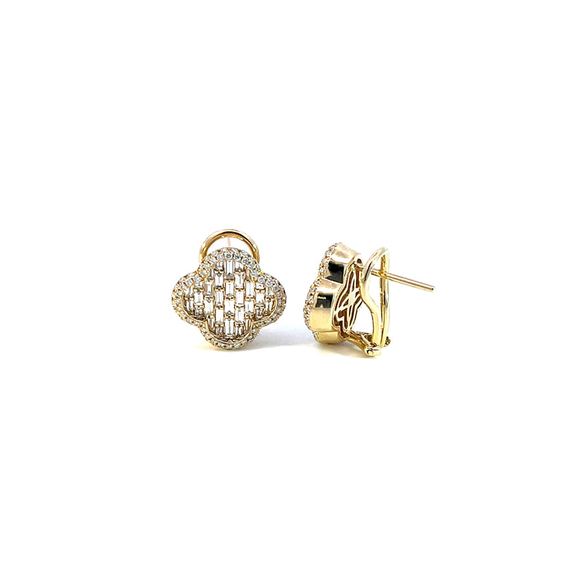 14K Yellow gold Clover shaped Omega back diamond earrings with intrica ...